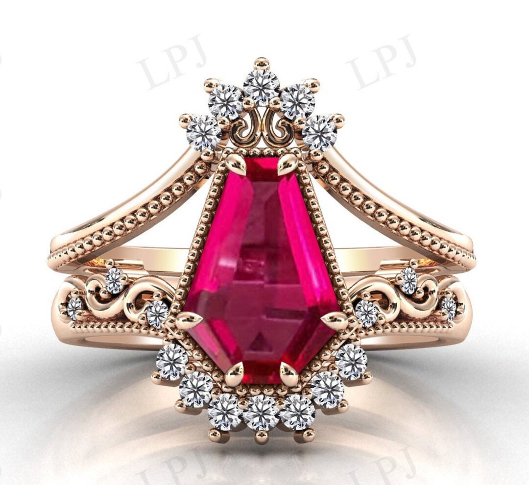 Coffin Shaped Ruby Engagement Ring Set for Women Art Deco Coffin Red ...