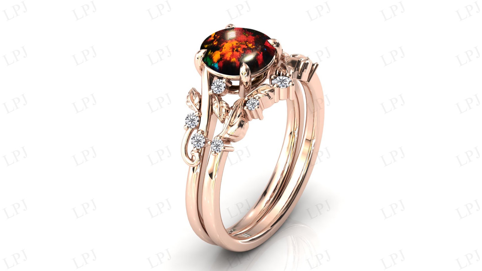 Black Opal Engagement Ring Set 925 Silver Black Opal Wedding Ring Set ...