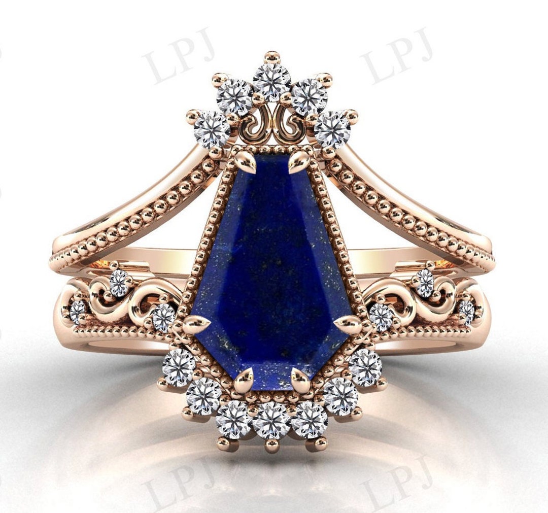 Vintage Coffin Shaped Lapis Lazuli Engagement Ring Set for Women Art ...