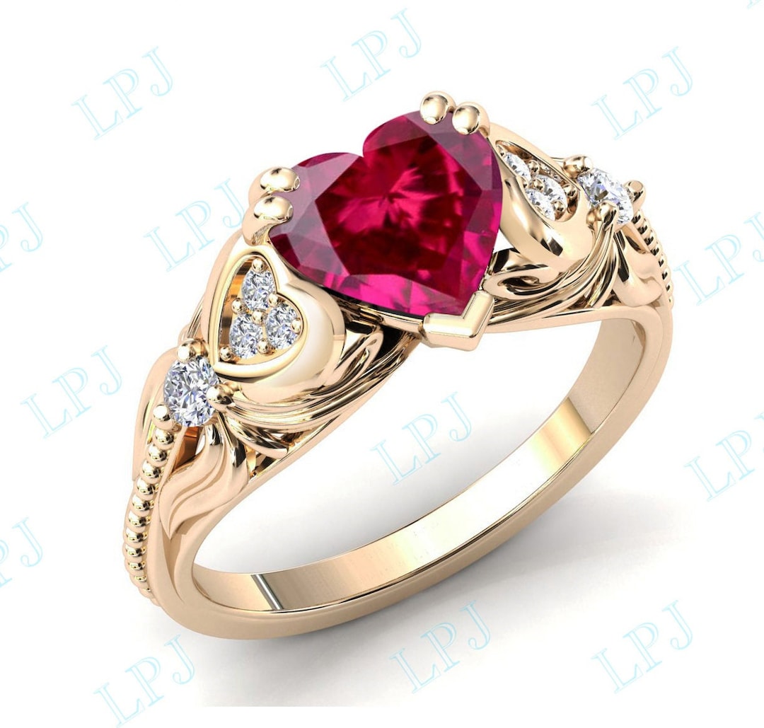 Heart Shape Ruby Engagement Ring for Women Art Deco Ruby Bridal Ring ...