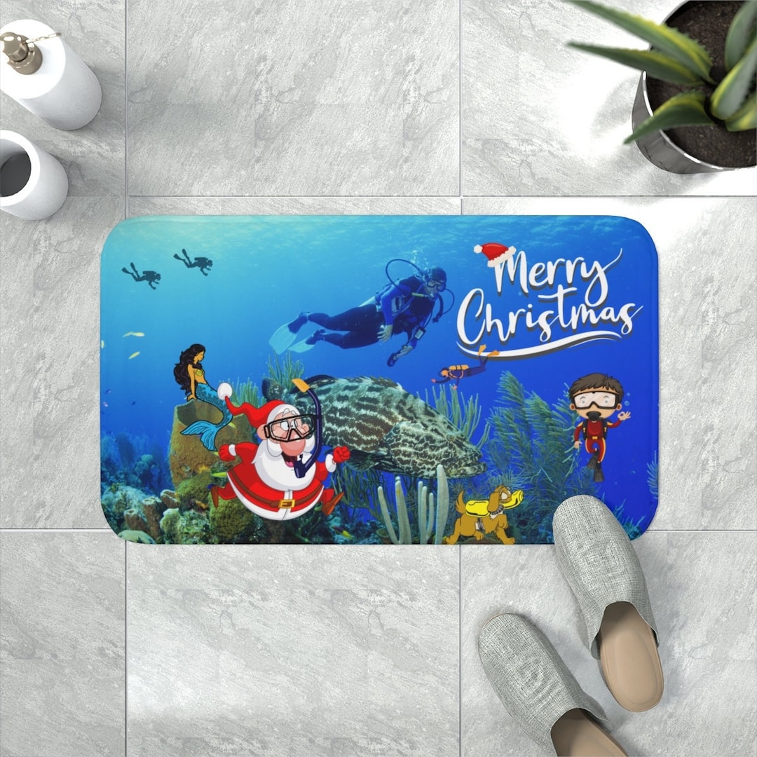 SCUBA Diving Santa Underwater With Friends Bath Mat, Christmas Under ...