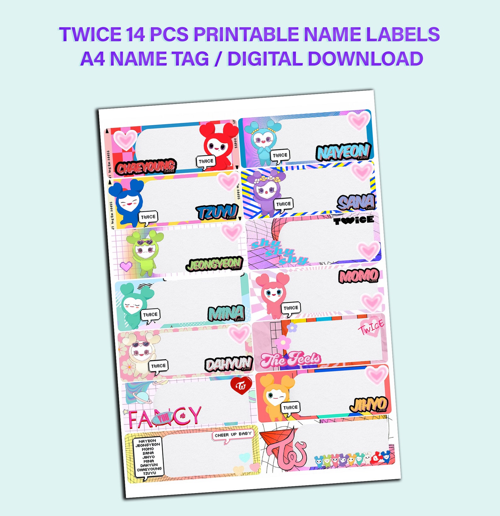 Twice Lovelys 14 Pieces Name Labels / A4 / Name Tag / Digital Download ...