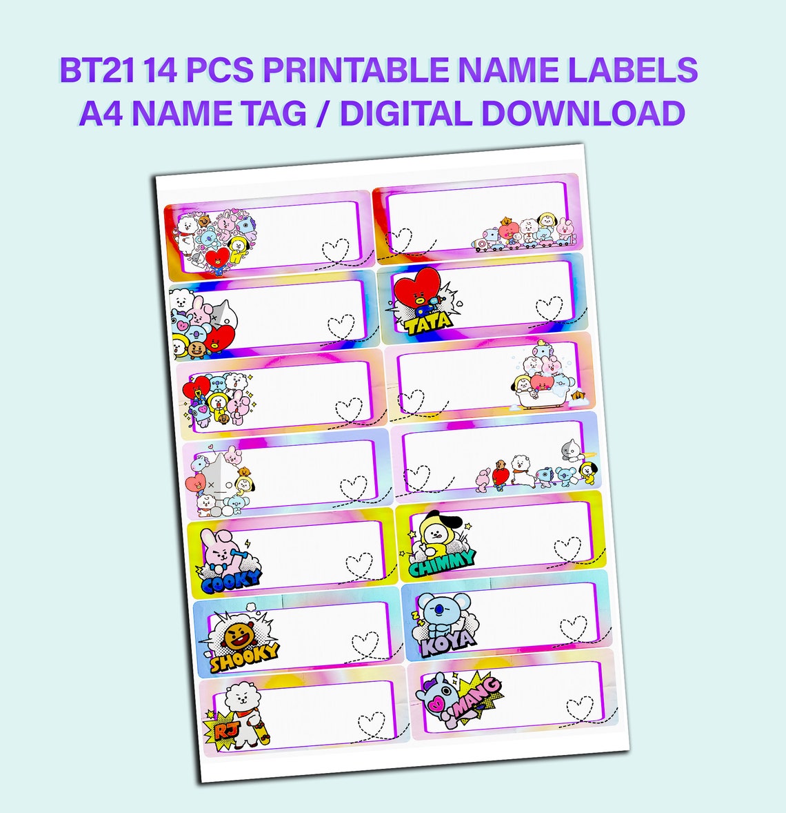 BTS BT21 14 Pieces Name Labels Printable Digital Download / A4 / Name ...