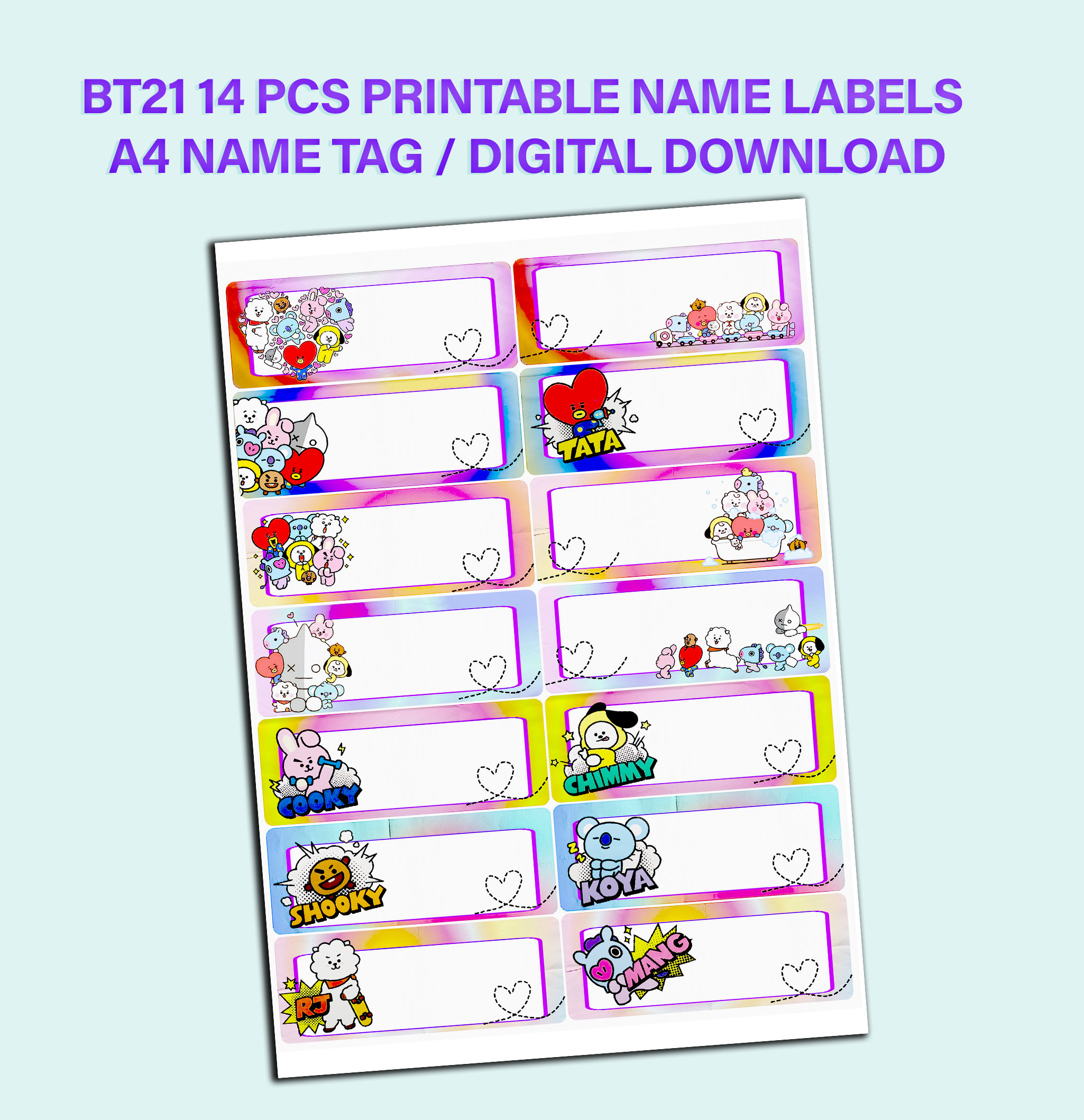 BTS BT21 14 Pieces Name Labels Printable Digital Download / A4 / Name ...