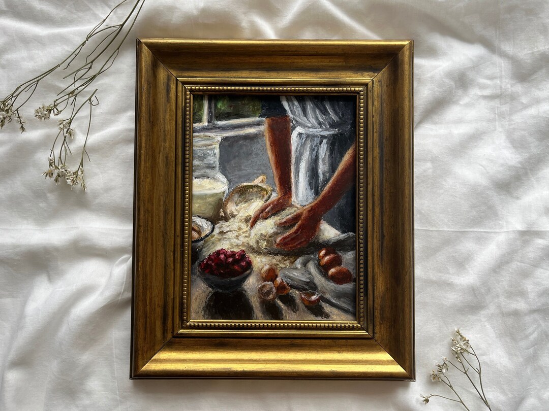 Unframed Kitchen Pie-making Scene Print, Oil Pastel Artwork, Rustic ...