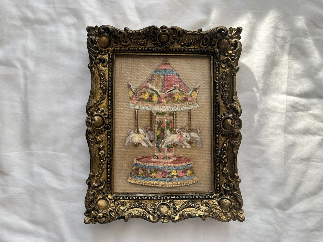 Unframed Original Bunny Carousel Music Box Oil Painting Print Colorful ...