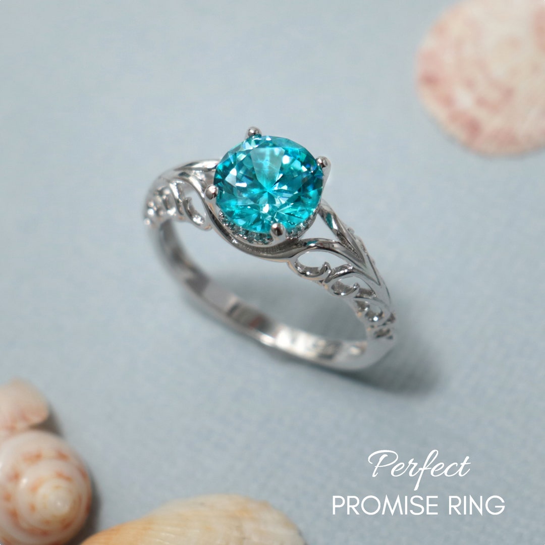 Wave Engagement Ring, Sterling Silver Ocean Blue CZ Diamond Alternative ...
