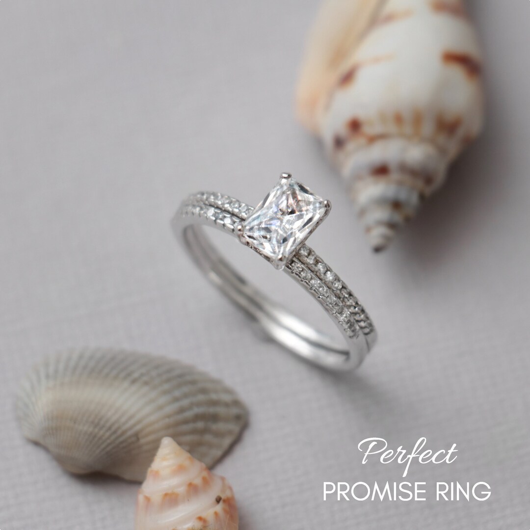 1CT Emerald Cut Engagement Ring Set, Sterling Silver Rectangular CZ Wedding Ring Set, Cubic ...