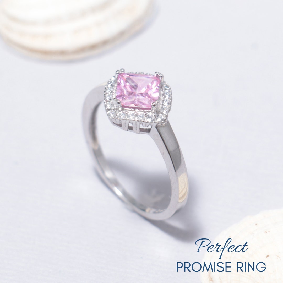 Pink CZ Square Cut Ring, Pink CZ Halo Ring, Sterling Silver Cubic ...