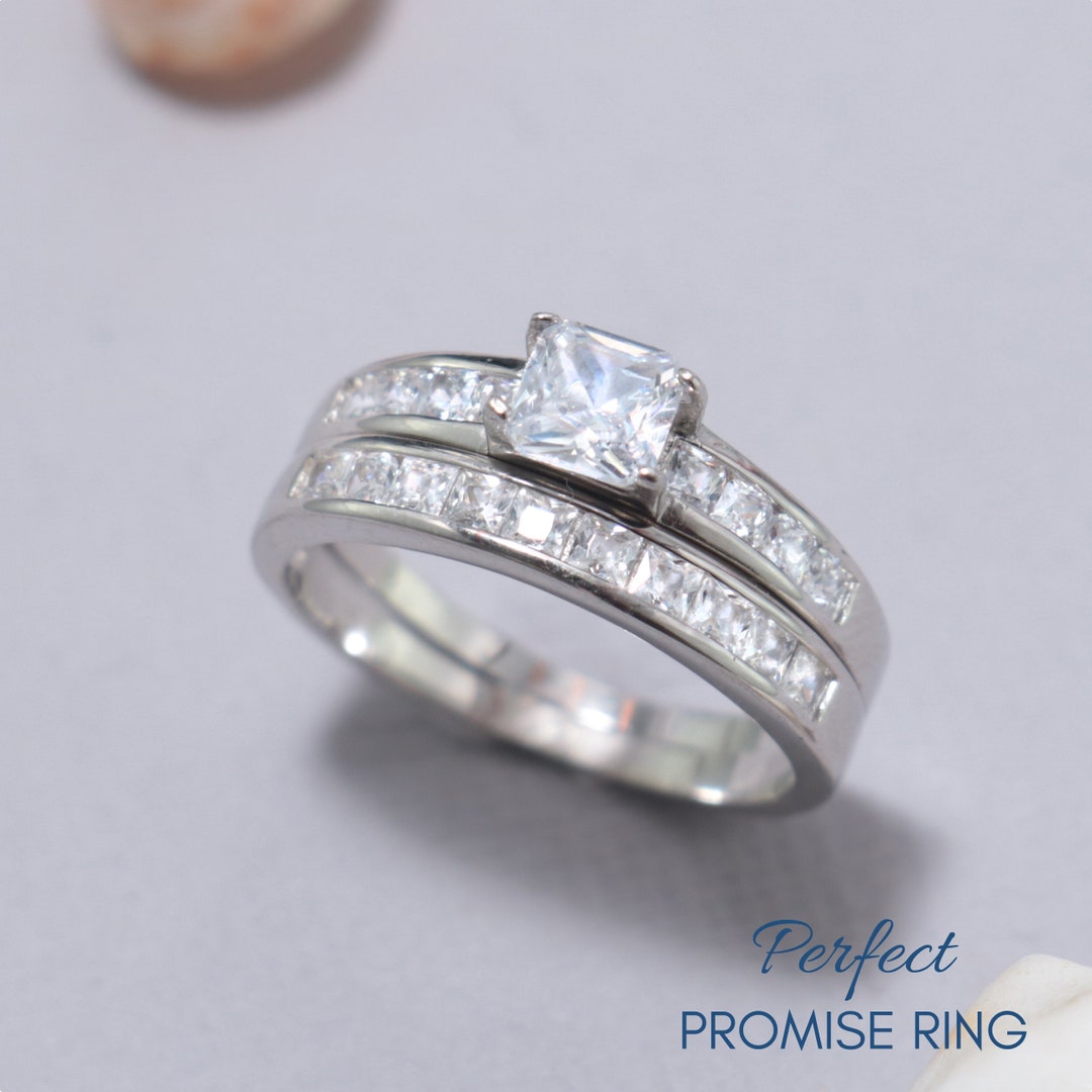 Modern Square Cut Wedding Ring Set, CZ Bridal Wedding Set, Princess Cut ...