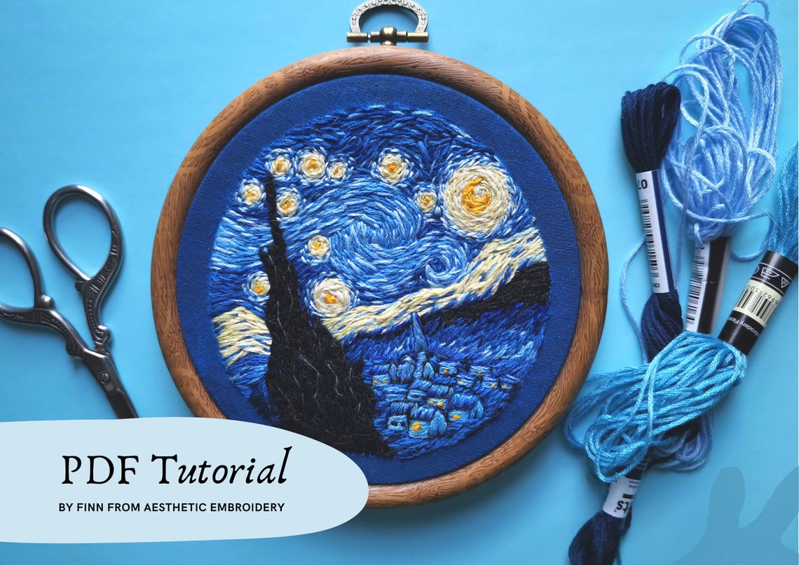 Starry Night PDF Embroidery Art Tutorial for Hand Embroidery, Van Gogh ...