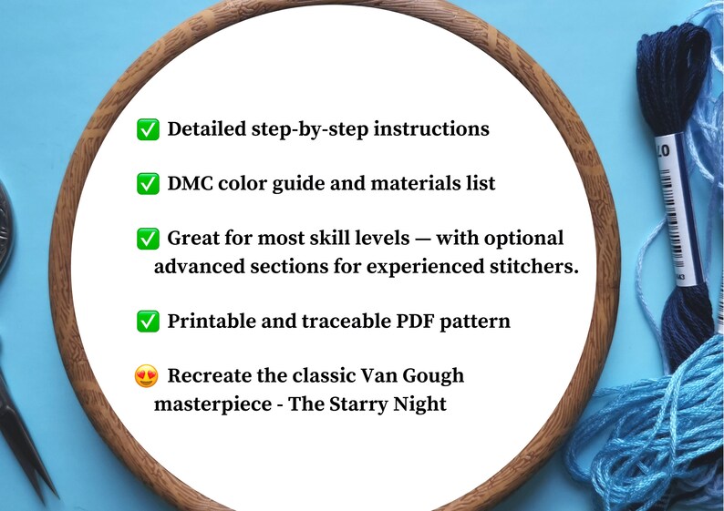 Starry Night PDF Embroidery Art Tutorial for Hand Embroidery, Van Gogh ...