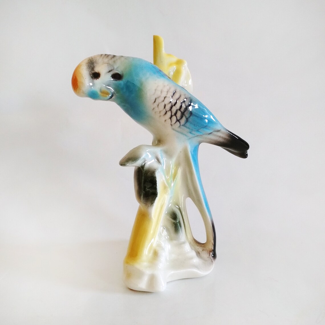 Vintage Budgerigar Porcelain Figurine Blue and Yellow Parrot Figurine Branch Bird Figurine ...