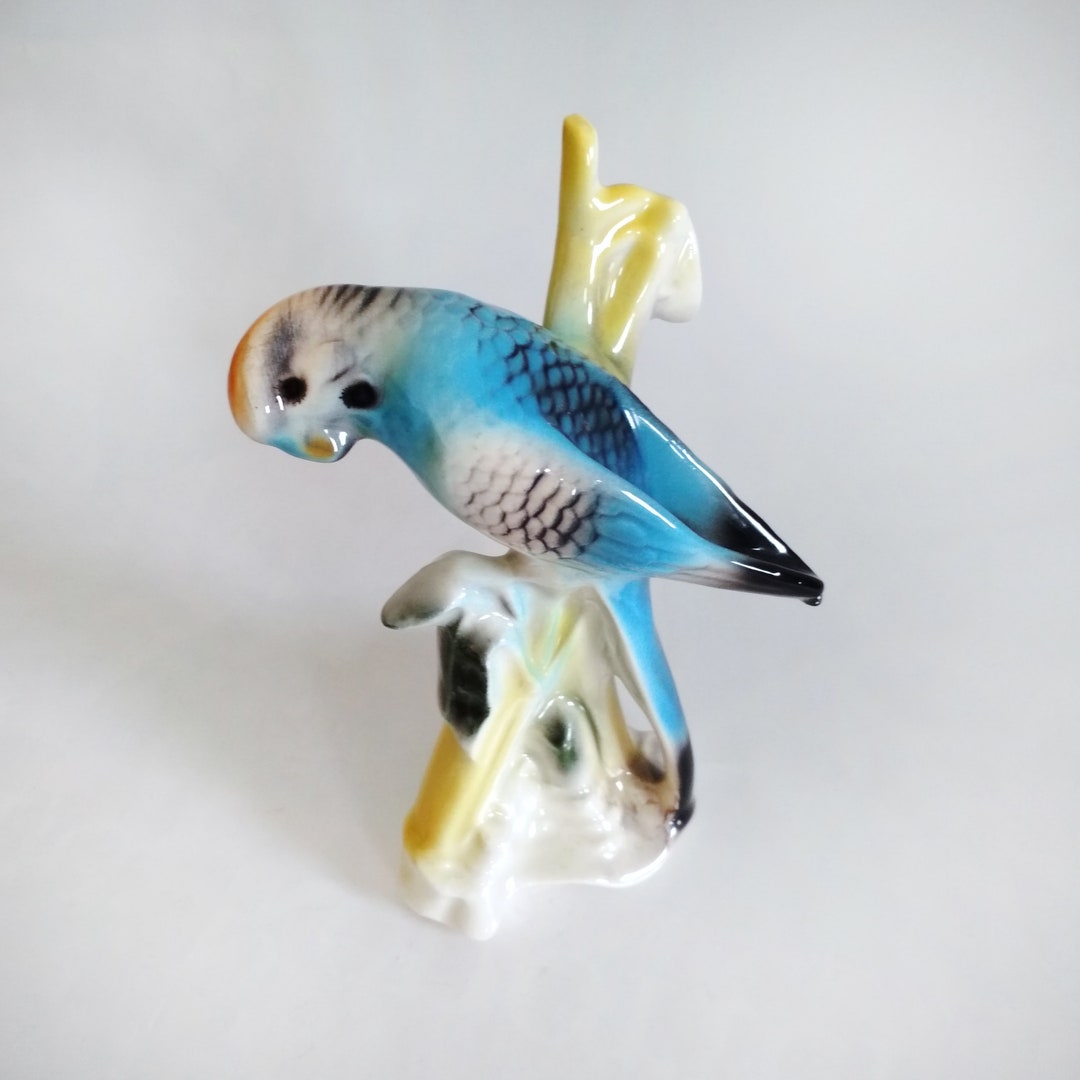 Vintage Budgerigar Porcelain Figurine Blue and Yellow Parrot Figurine Branch Bird Figurine ...