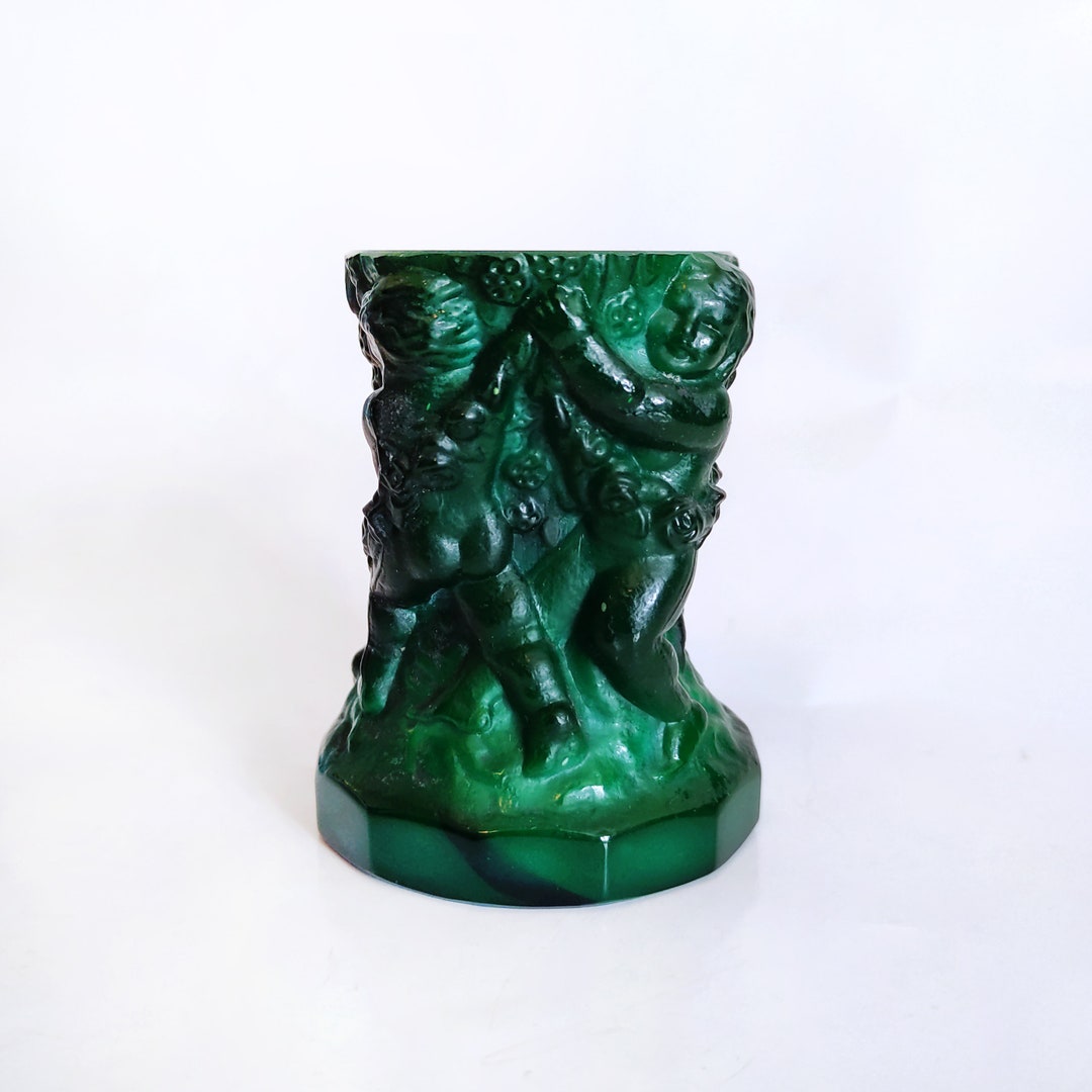 Art Deco Green Malachite Glass Vase Putti Harvest Vintage Czech ...