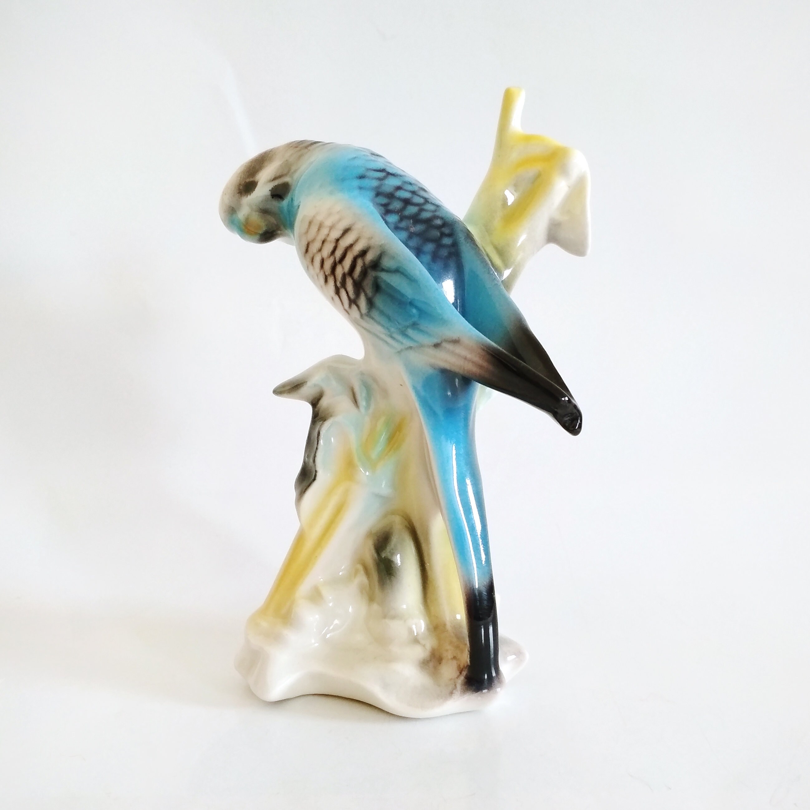 Vintage Budgerigar Porcelain Figurine Blue and Yellow Parrot Figurine Branch Bird Figurine ...