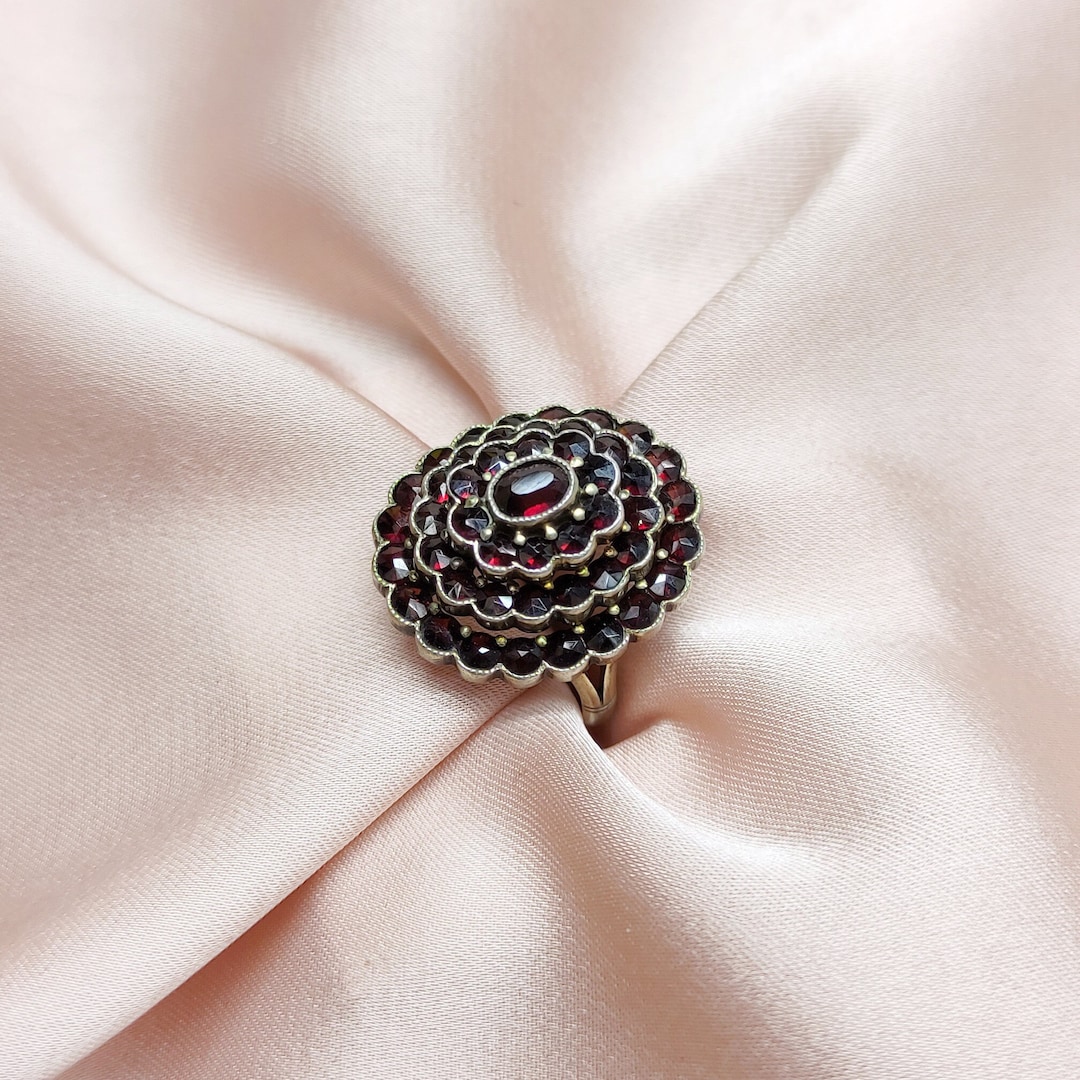 Lavish Vintage Bohemian Garnet Four Tier Cluster Ring Silver Statement ...