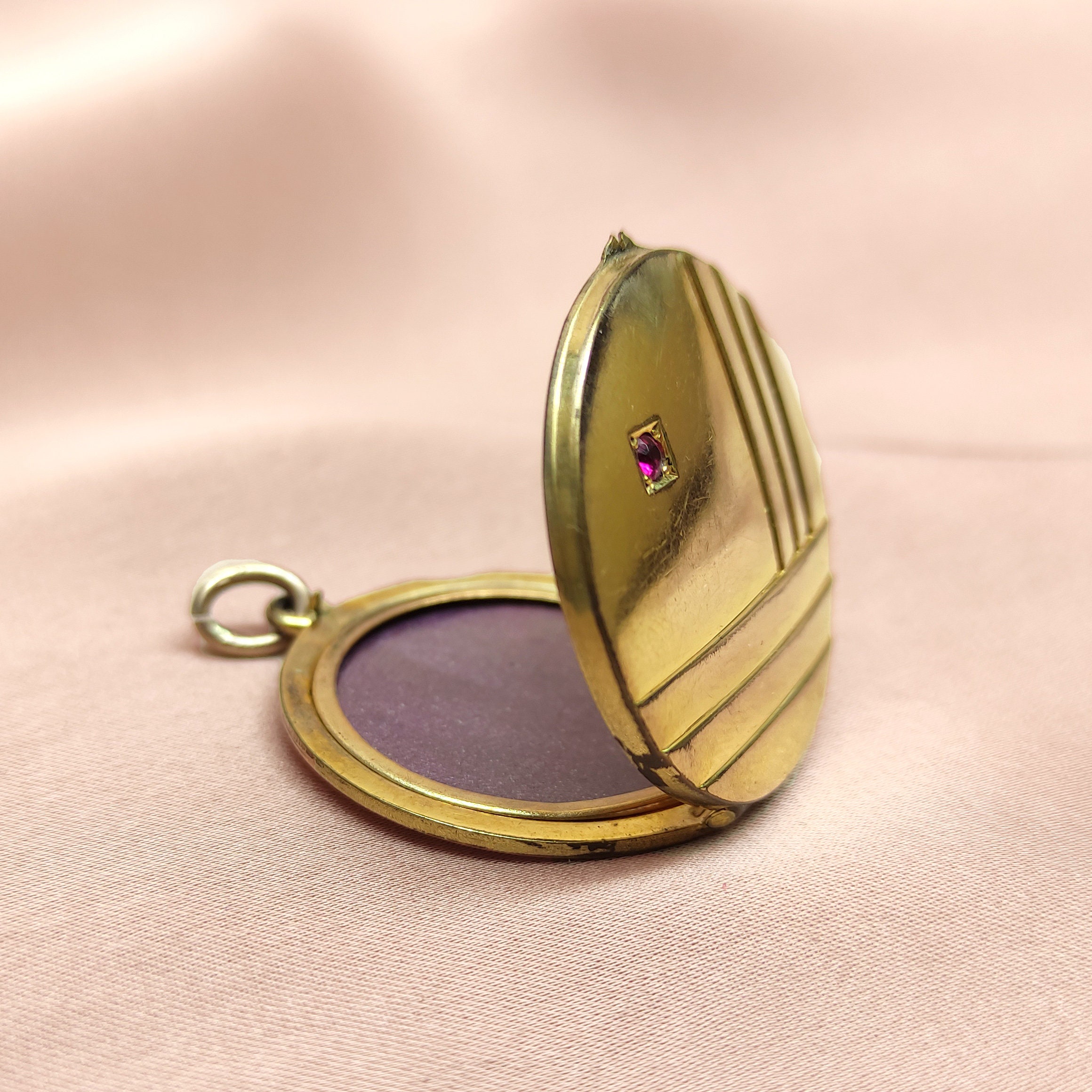 Art Deco Geometric Round Photo Locket Pendant With Ruby Paste Mid ...