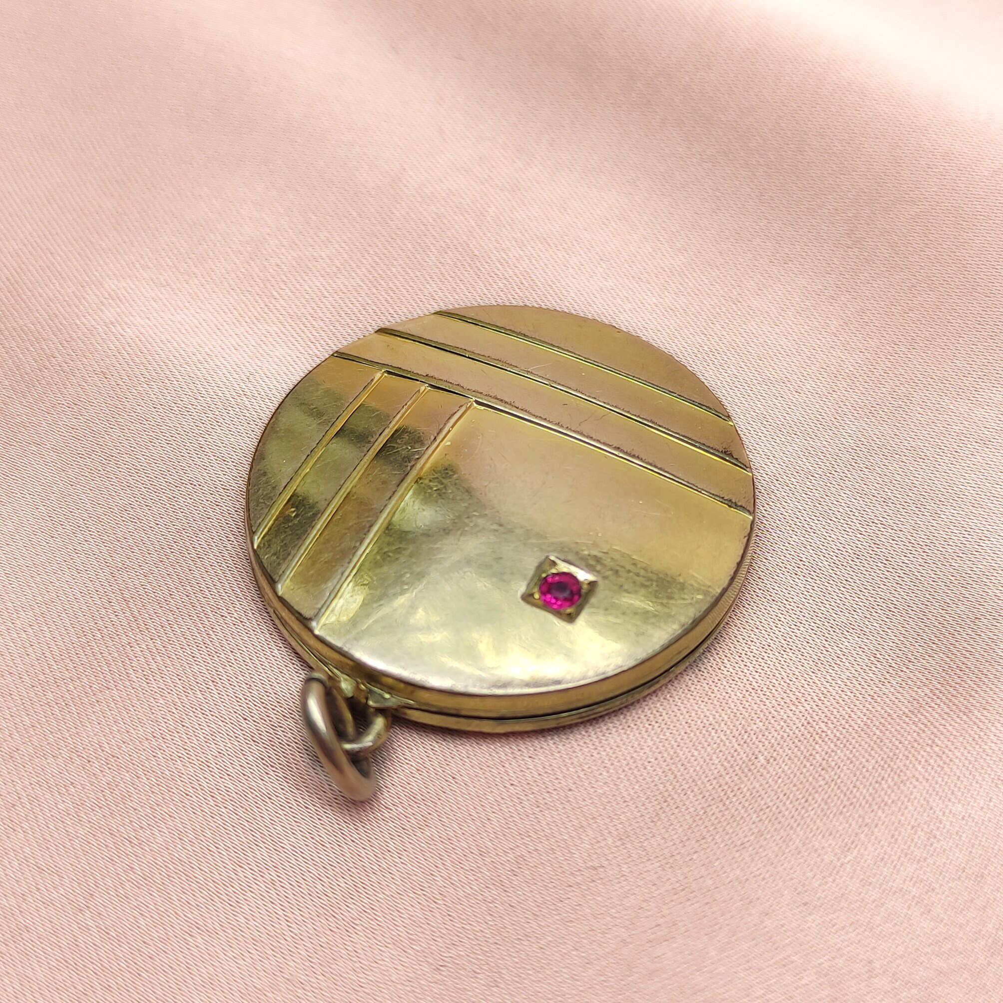 Art Deco Geometric Round Photo Locket Pendant With Ruby Paste Mid ...