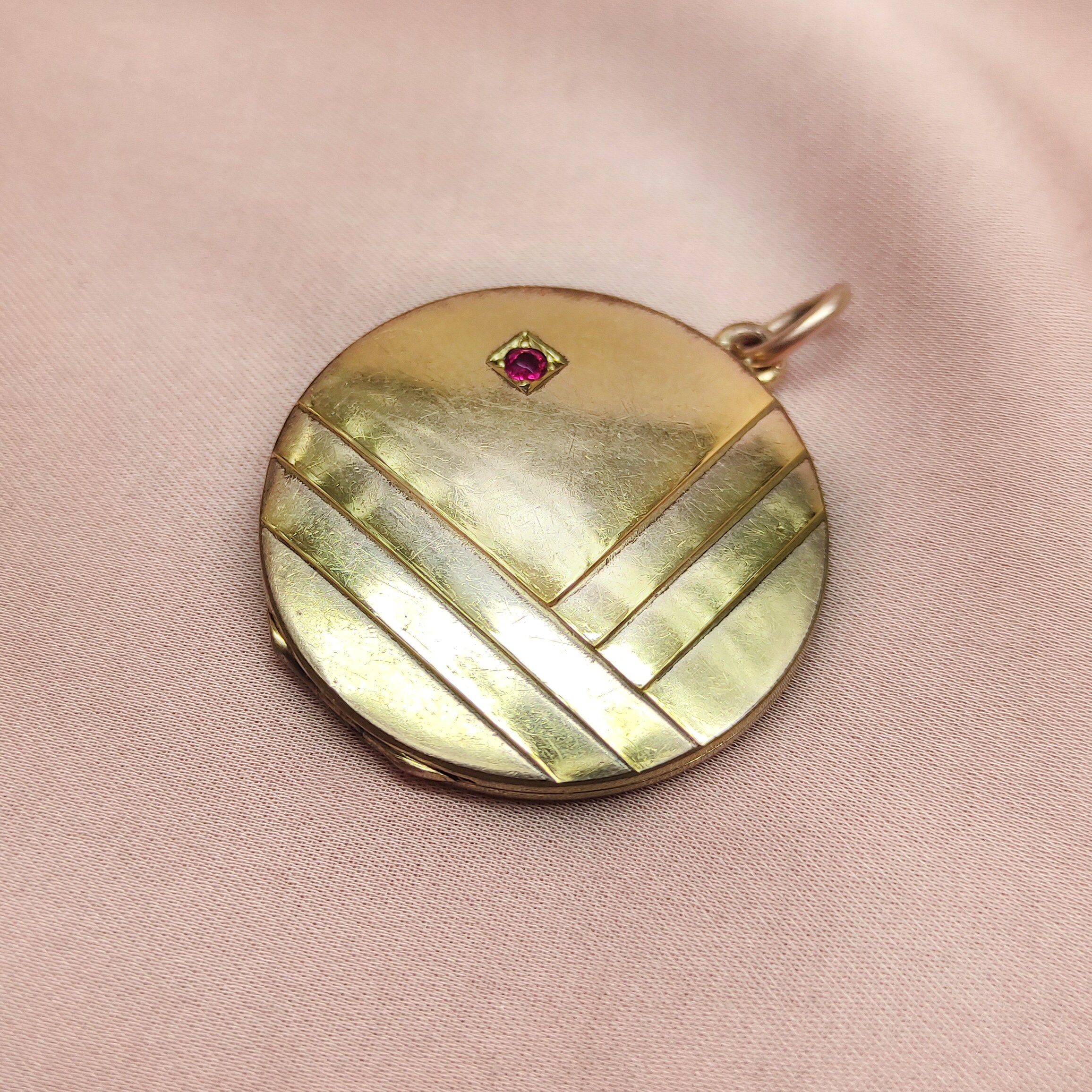 Art Deco Geometric Round Photo Locket Pendant With Ruby Paste Mid ...