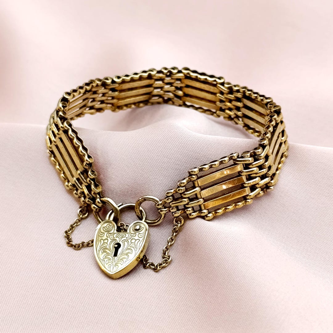 Massive Vintage Gold on Silver 5 Bar Gate Bracelet Engraved Heart ...