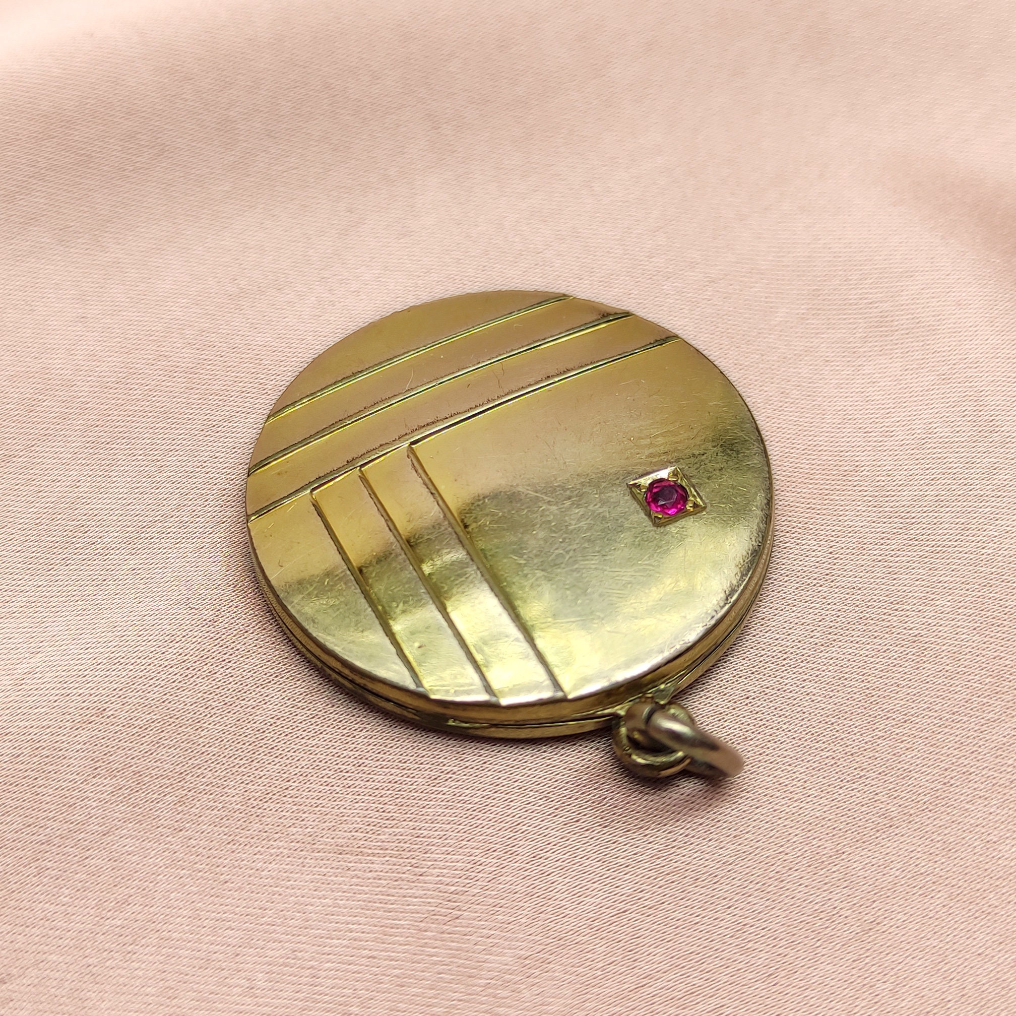 Art Deco Geometric Round Photo Locket Pendant With Ruby Paste Mid ...