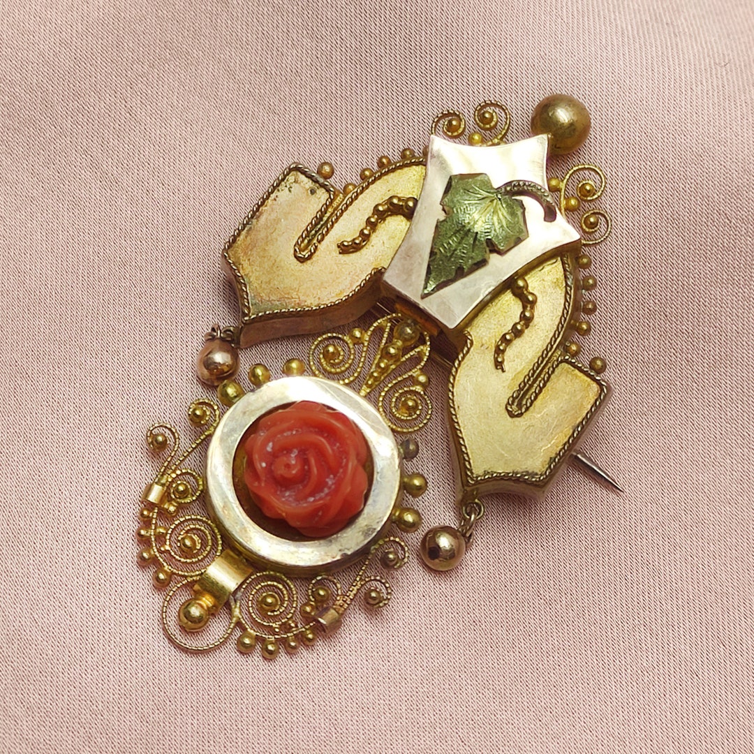 Lavish Victorian Carved Coral Rose Hinged Dangle Lapel Pin Italian ...