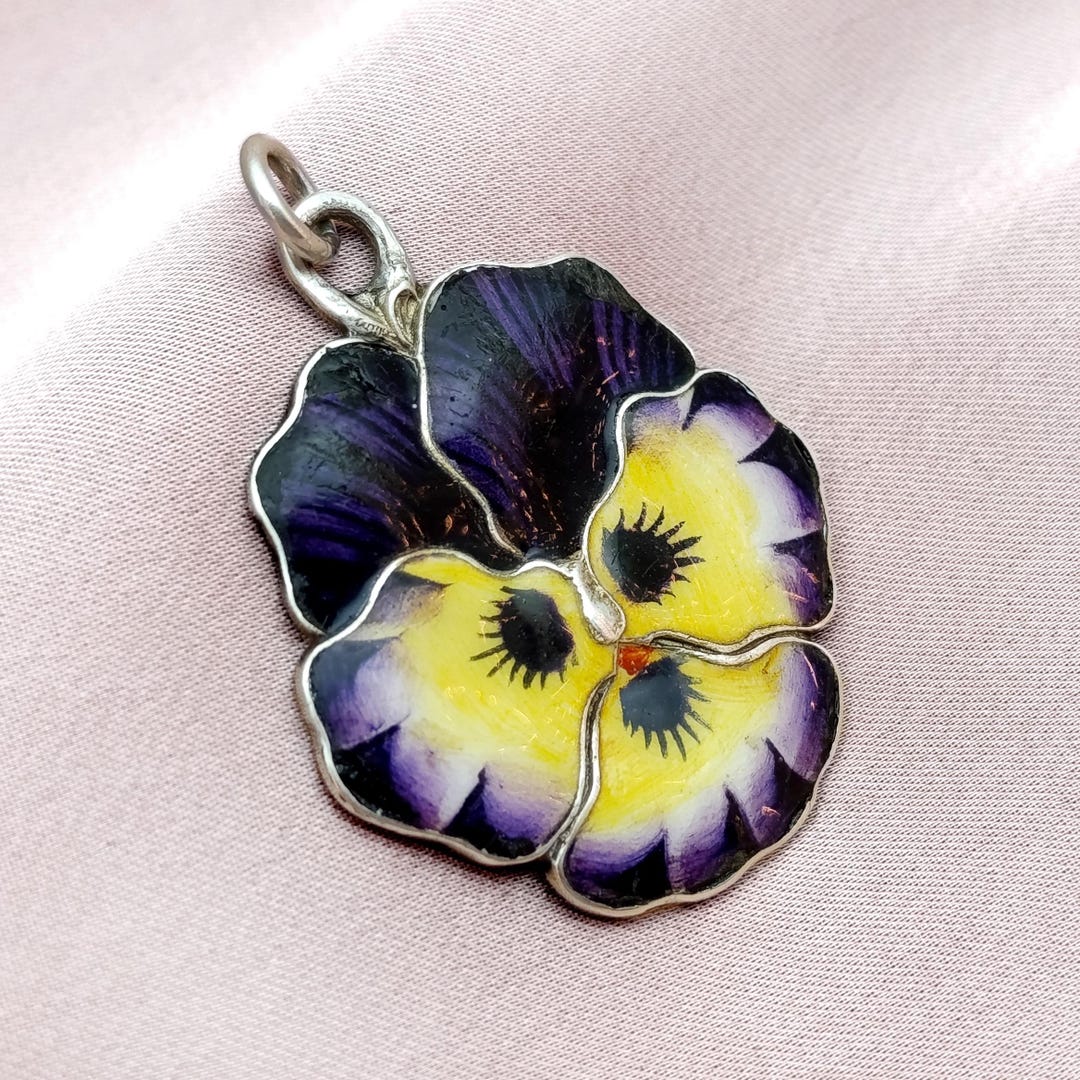 Large Colourful Art Nouveau Pansy Flower Silver Pendant Purple Yellow ...