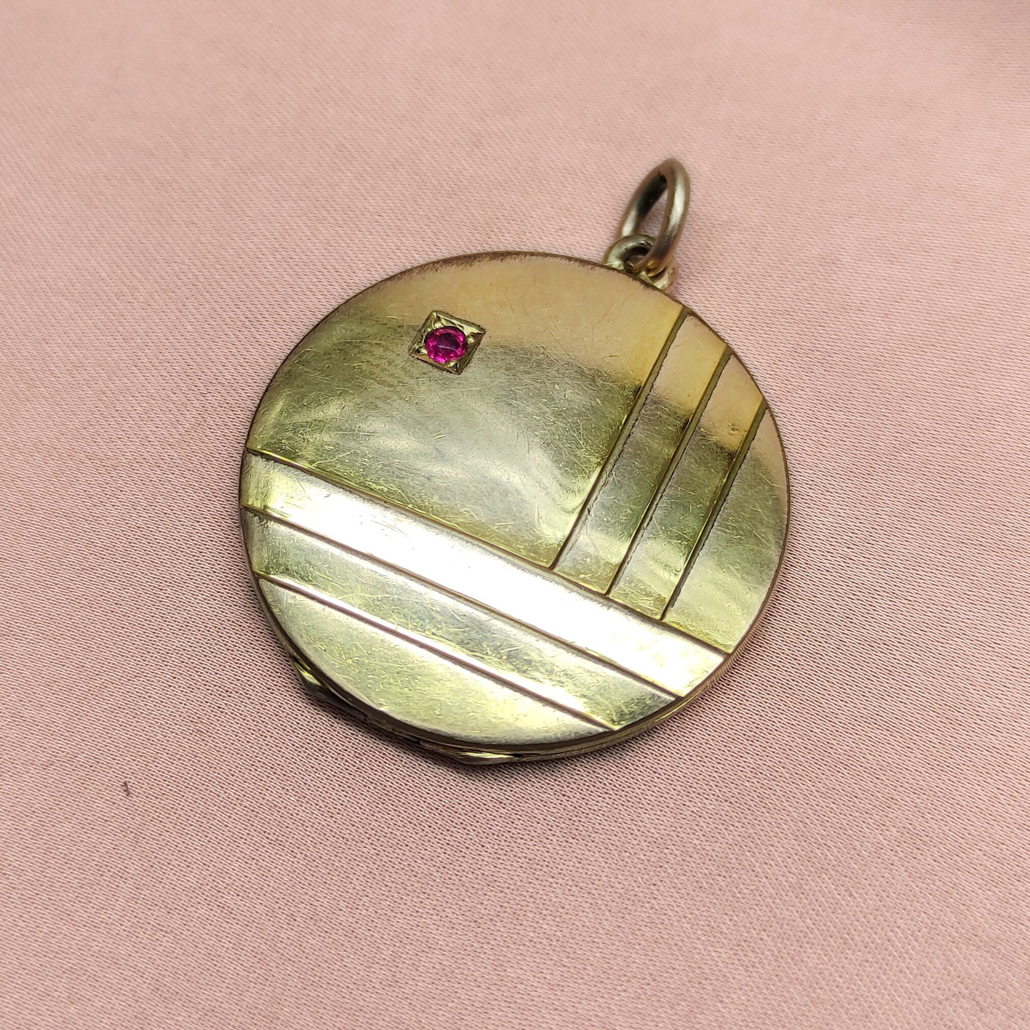 Art Deco Geometric Round Photo Locket Pendant With Ruby Paste Mid ...