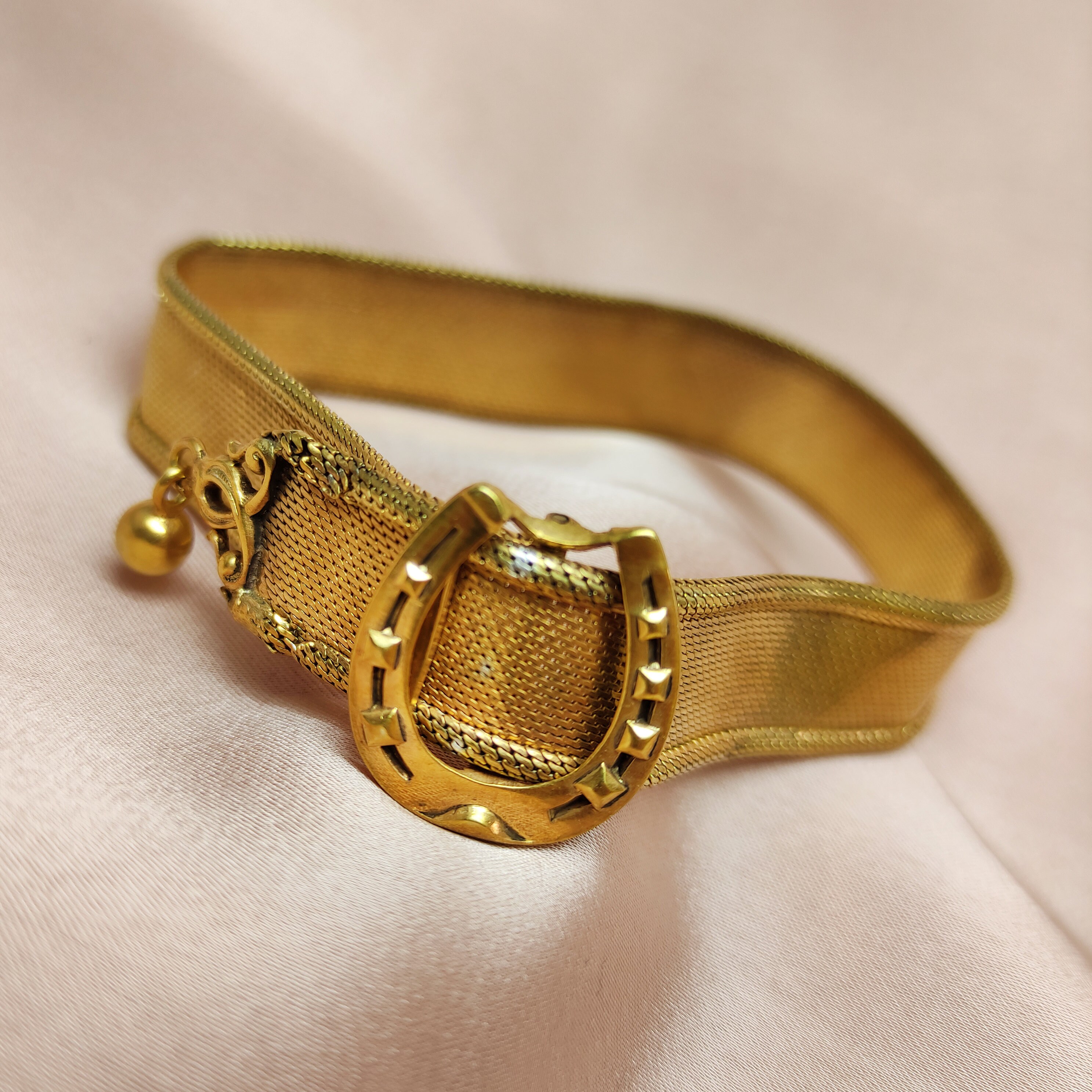 Victorian Horseshoe Charm Gold Gilt Silver Slider Mesh Bracelet Antique ...