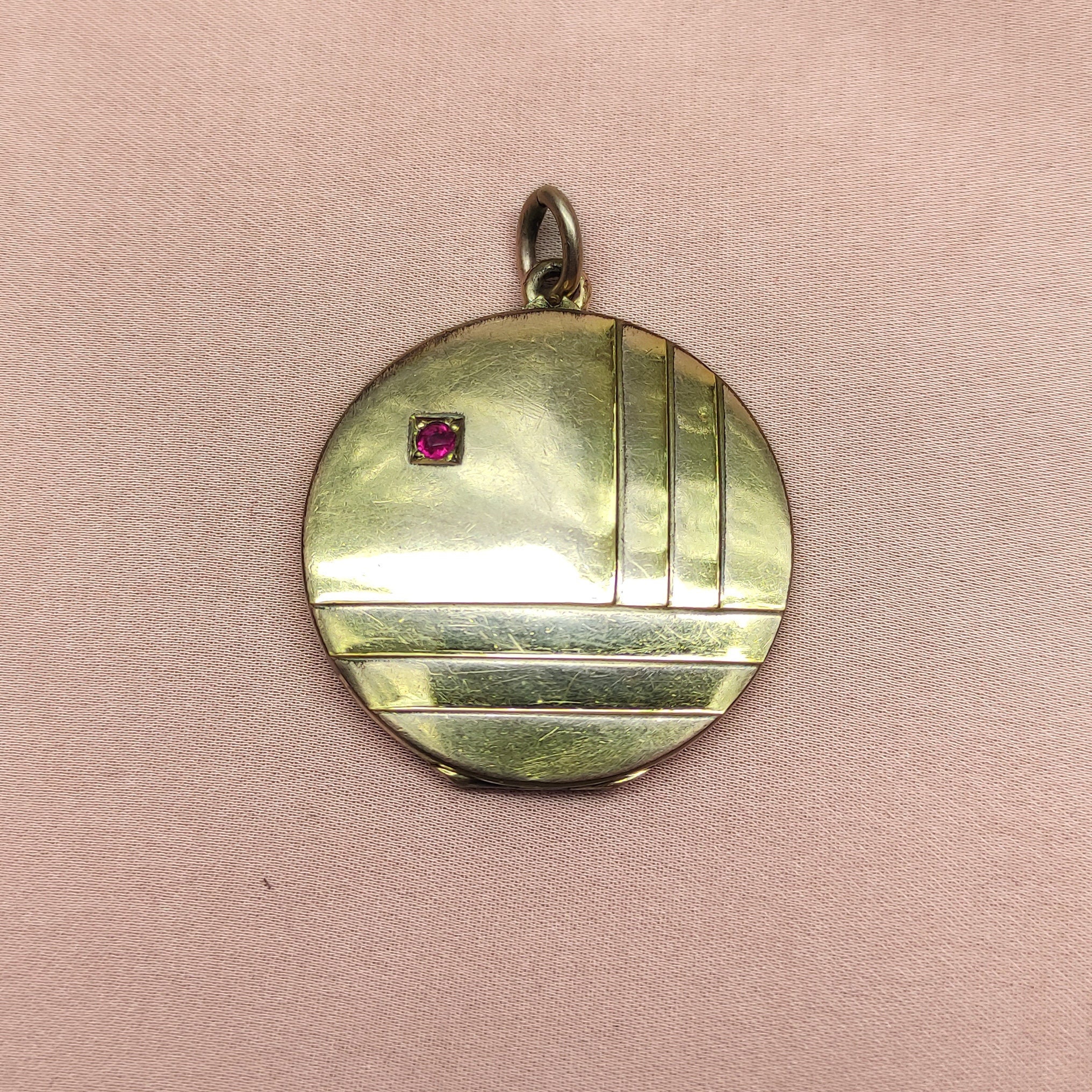 Art Deco Geometric Round Photo Locket Pendant With Ruby Paste Mid ...