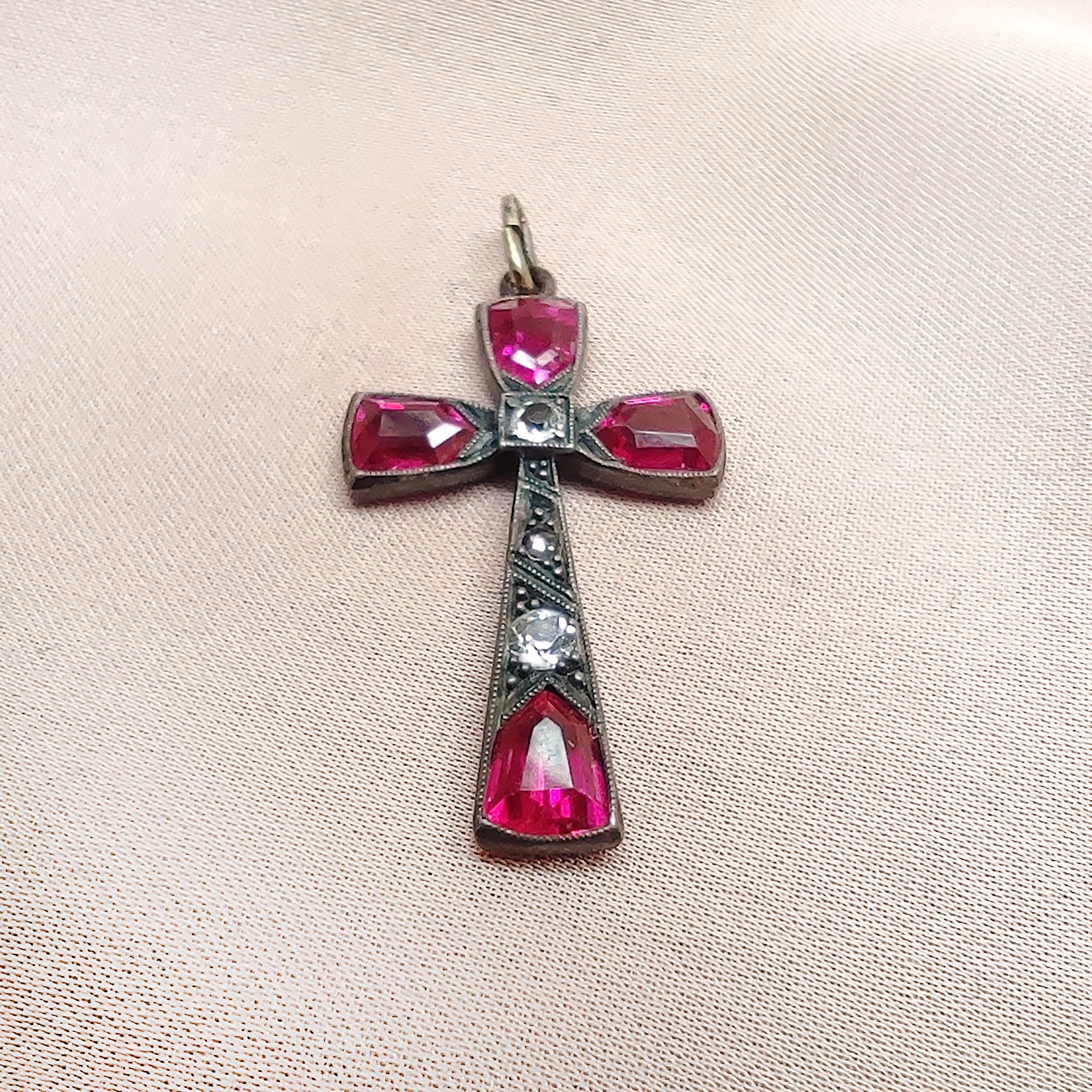 Antique Art Deco Pink Ruby 3 Ct White Sapphire Silver Christian Cross ...