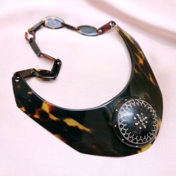 Rare French Art Deco Genuine Shell Pique Rigid Bib Ne… - Gem