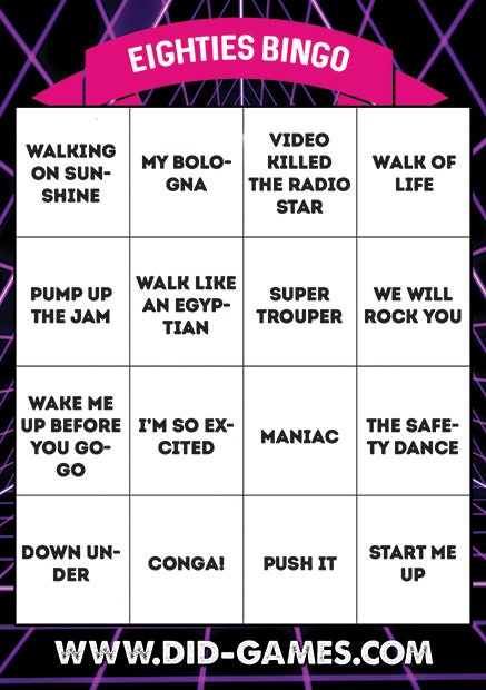 Music Bingo - 80's Mashup Theme - 25 Downloadable Cards - Etsy