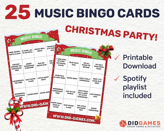 Music Bingo Cards Christmas Party Theme 25 Downloadable | Etsy