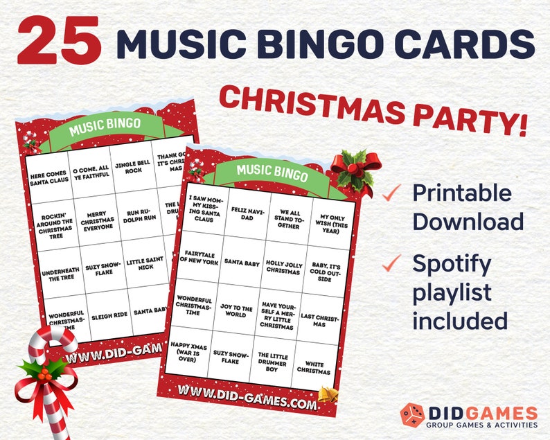 Music Bingo Cards - Christmas Party Theme - 25 Downloadable Cards ...