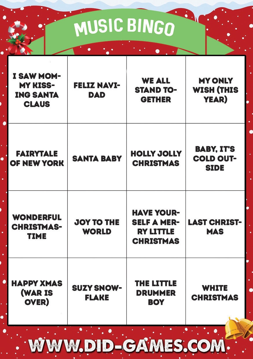 Music Bingo Cards - Christmas Party Theme - 25 Downloadable Cards ...