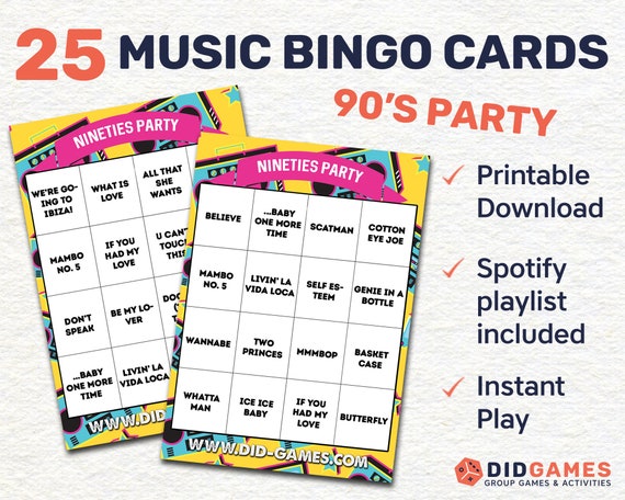 Music Bingo 90s Party Theme 25 Downloadable Cards - Etsy