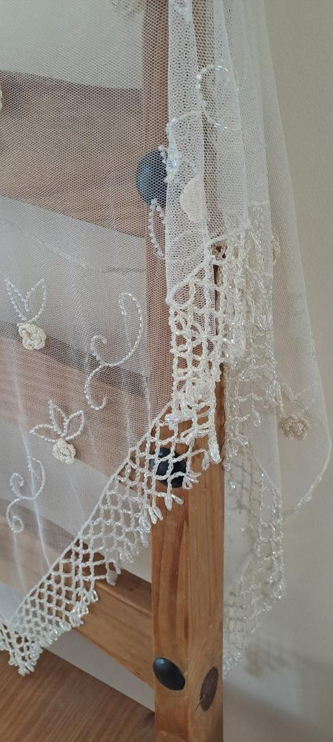 Antique Cream Shawl Tulle Embroidered and Beaded With Beautiful Lace ...