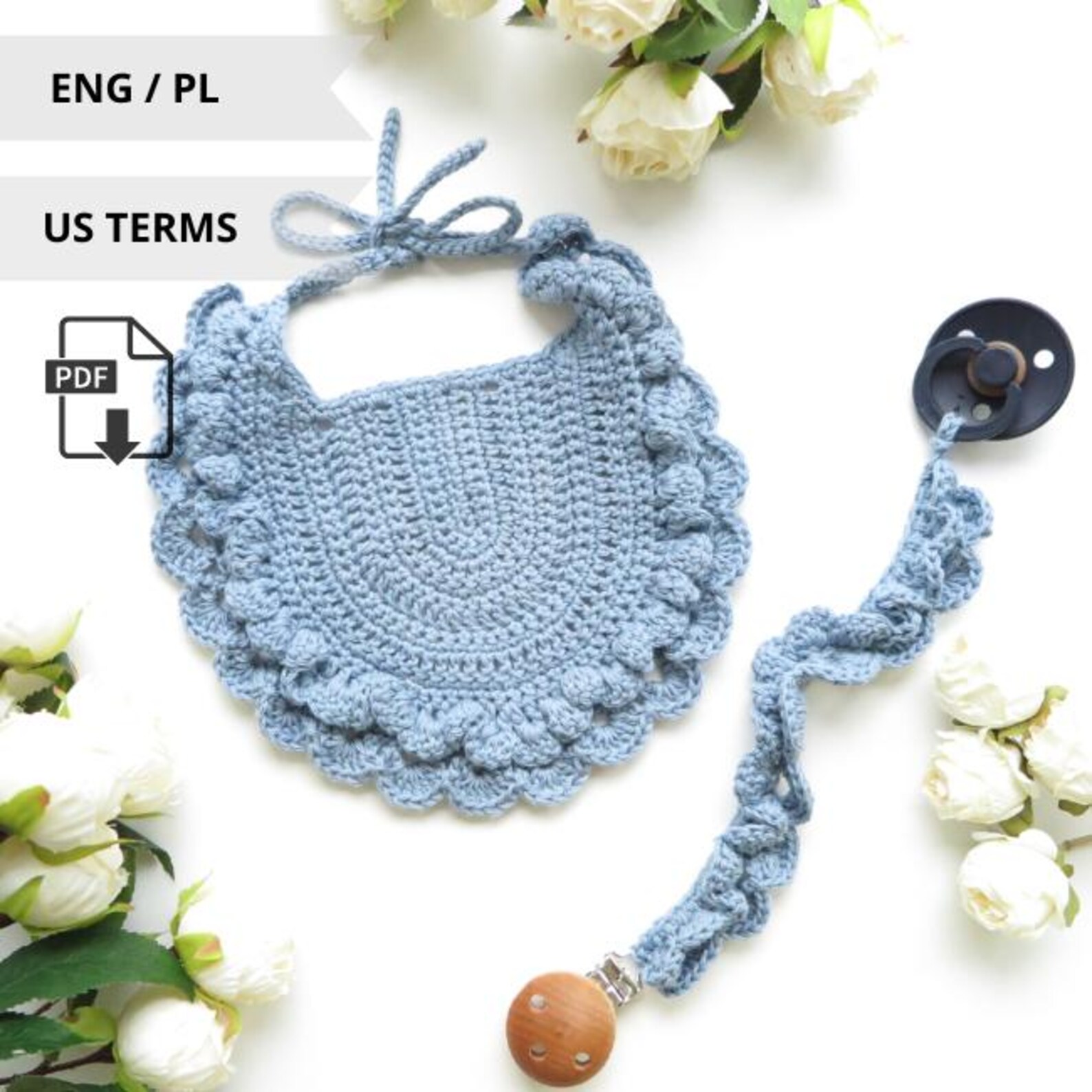 Crochet Baby SET FRILLY Bib and Pacifier Holder Crochet Pattern English ...