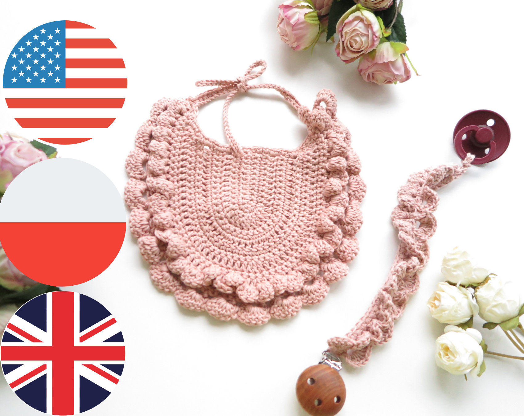 Crochet Baby SET FRILLY Bib and Pacifier Holder Crochet Pattern English ...
