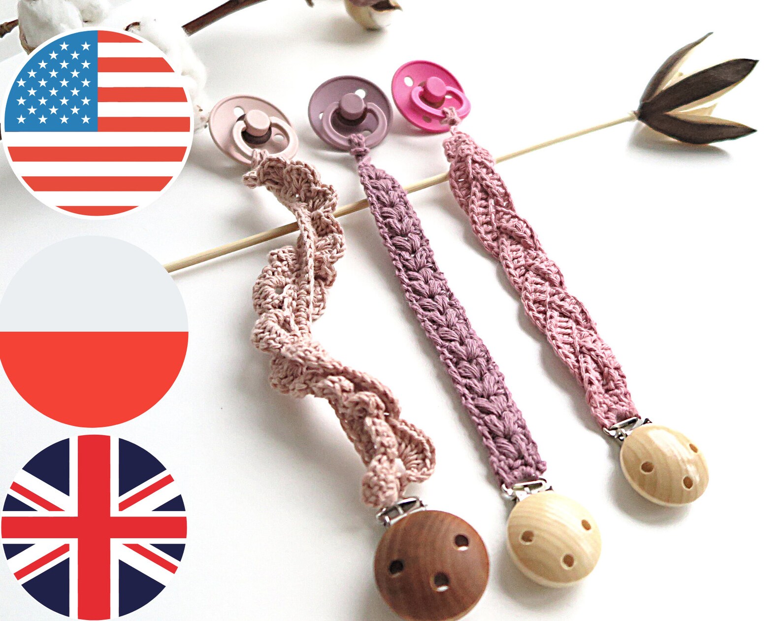 3 Different Crochet Patterns, Crochet Pacifier Holder, Frilly Pacifier ...