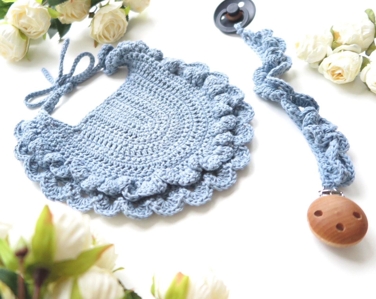 Crochet Baby SET FRILLY Bib and Pacifier Holder Crochet Pattern English ...
