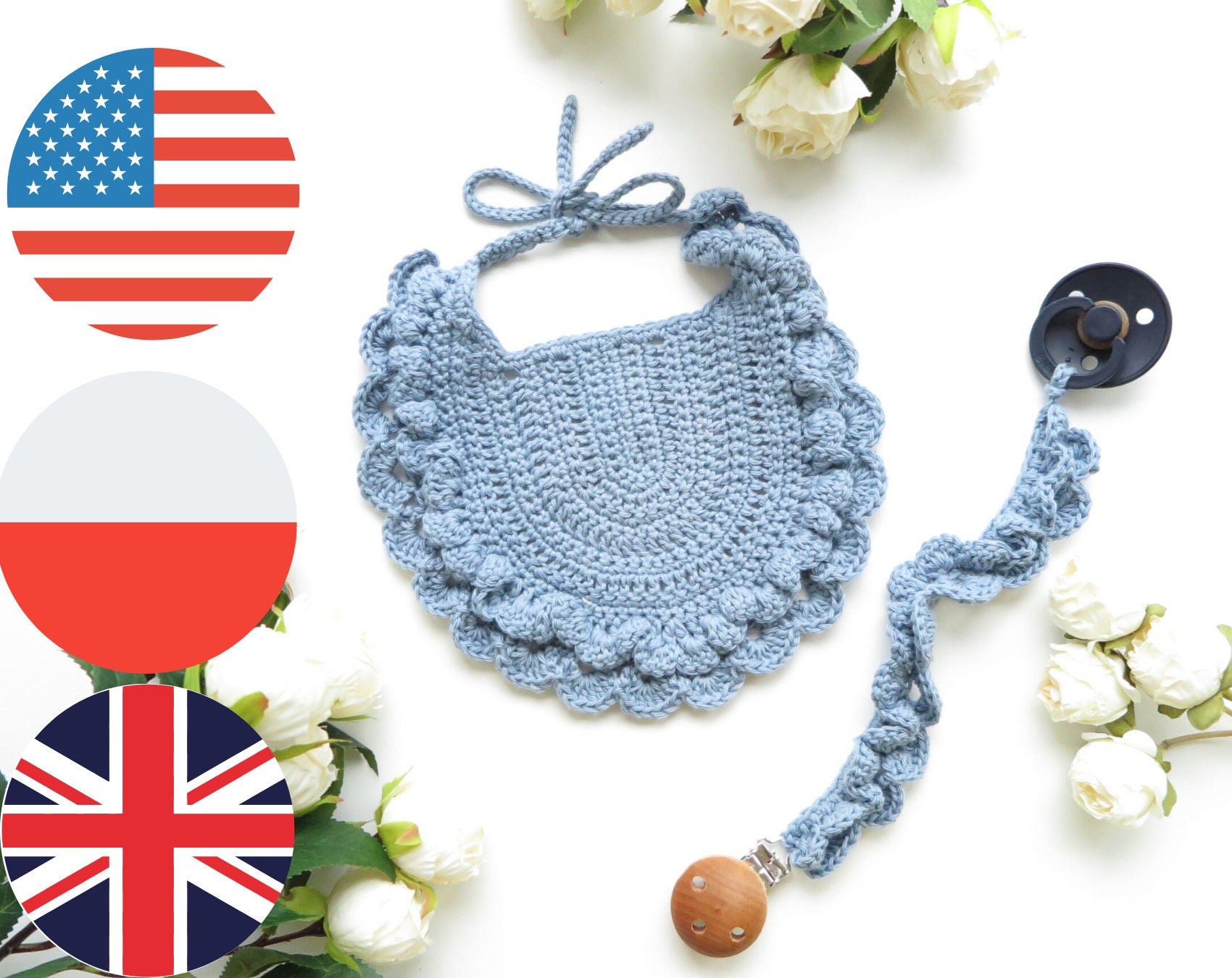 Crochet Baby SET FRILLY Bib and Pacifier Holder Crochet Pattern English ...