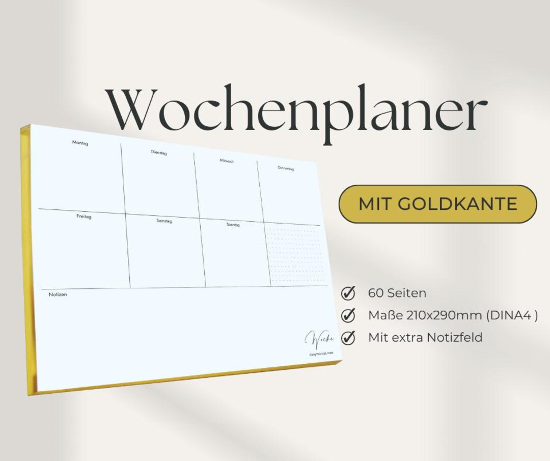 Weekly Planner A4 * Monday-sunday + Notes * Gold Edge - Planner ...