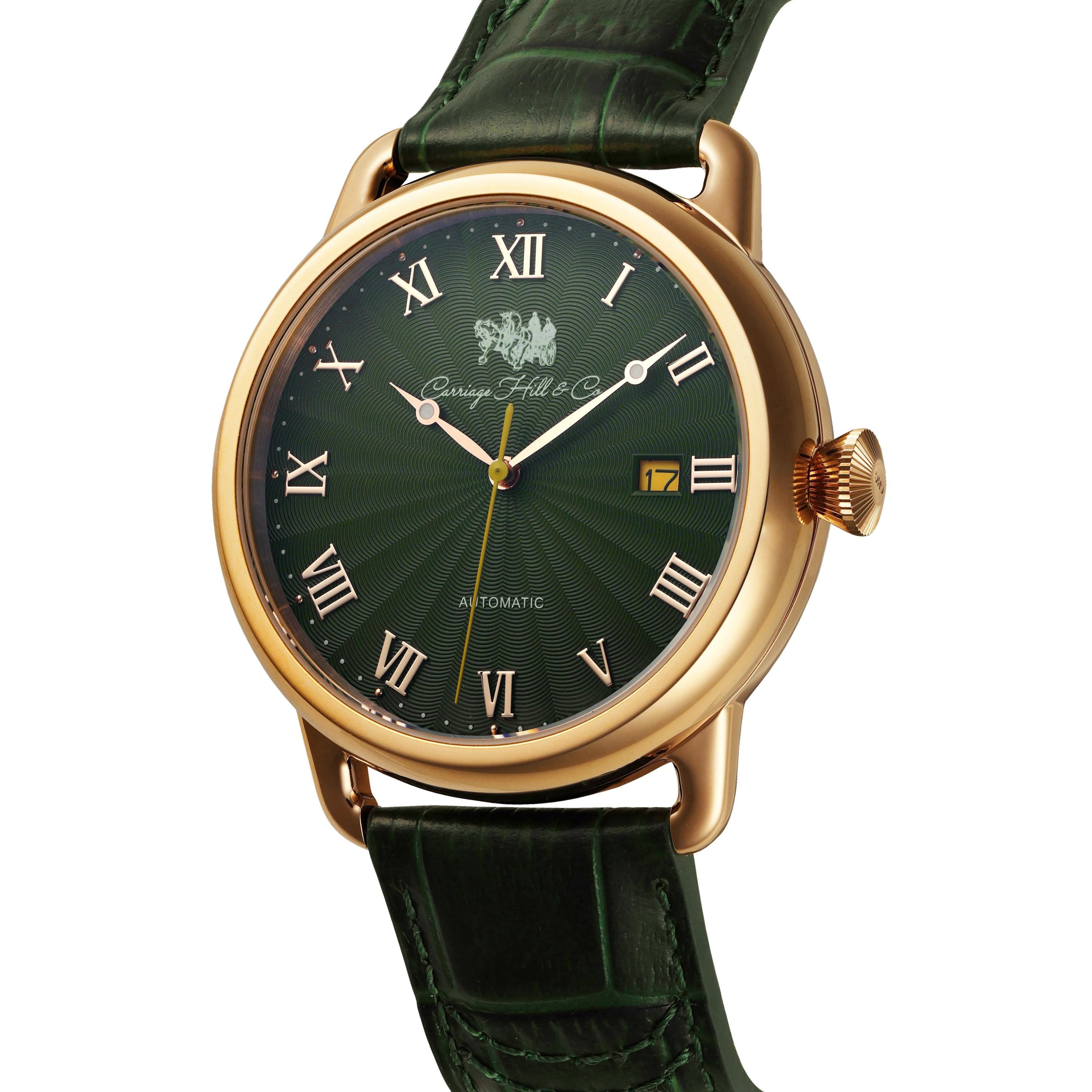 Green Dial Luxury Watch - Classic Gold Case & Leather Strap - Elegant ...