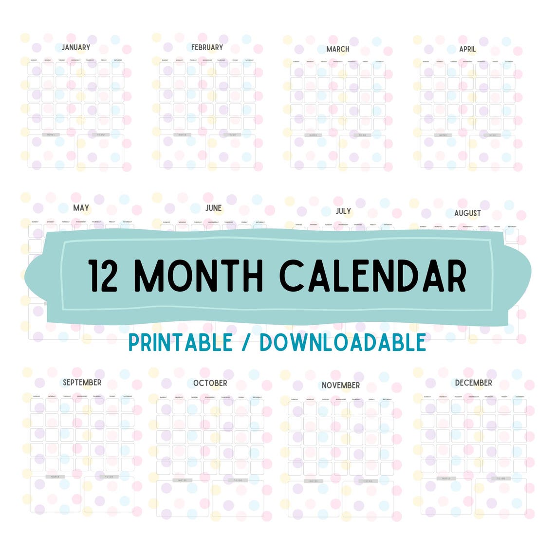 Polka Dot Printable Monthly Calendar | Digital Calendar | Colorful ...