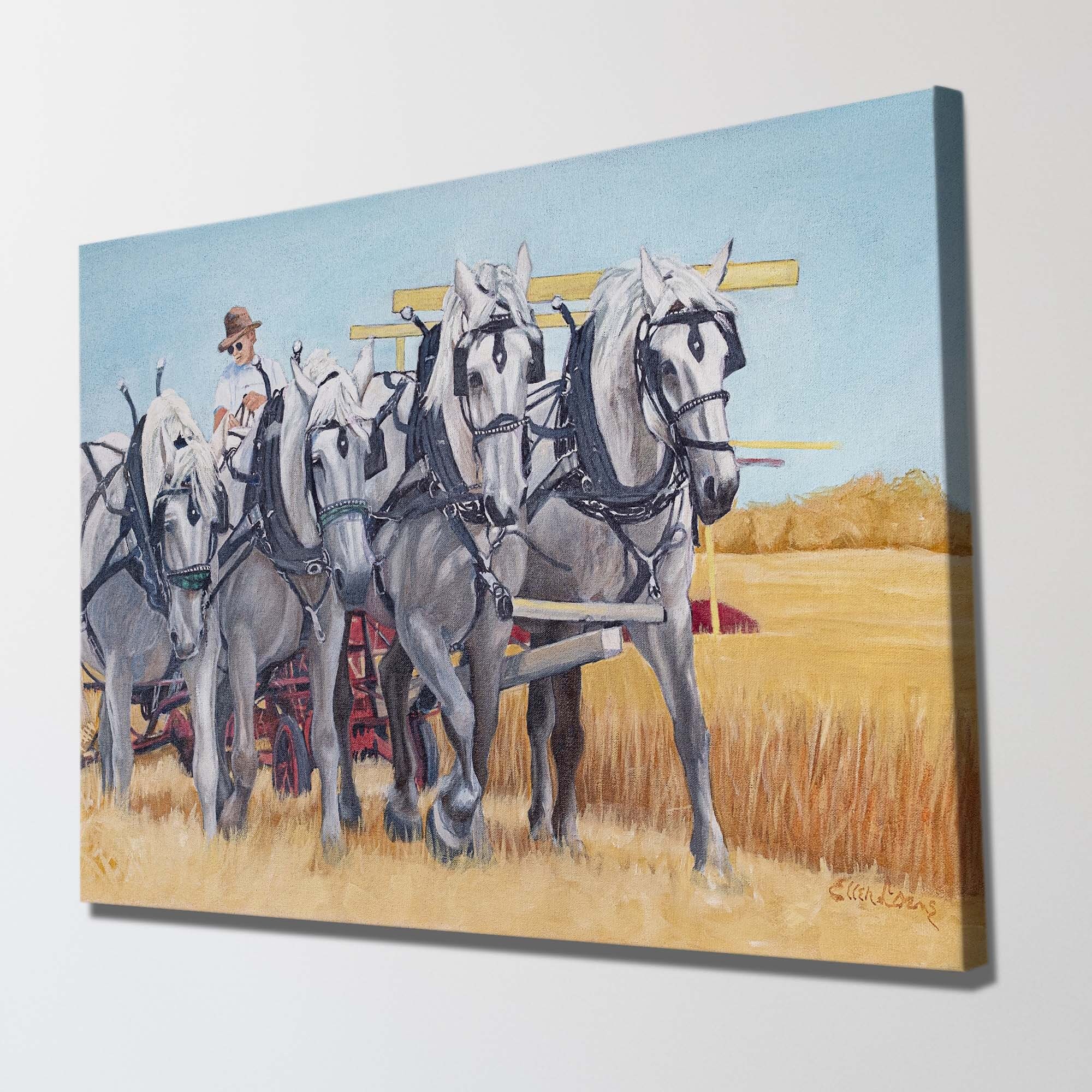 Four Abreast: White Percherons at the Bar U Ranch Oil Painting Canvas ...