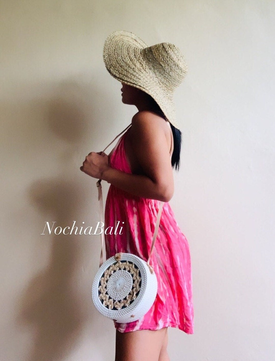 White Rattan Bag Boho Round Bag Rattan Sling Bag Straw - Etsy