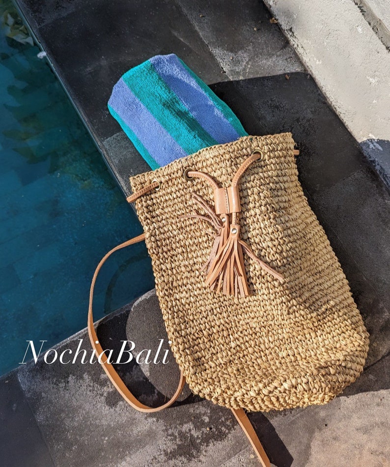 Beach Straw Backpack, Woven Raffia Backpack, Backpack With Genuine ...